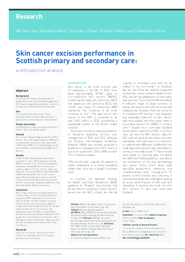(PDF) Skin cancer excision performance in Scottish primary and ...