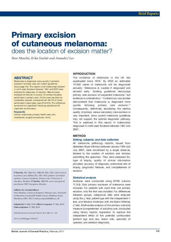 (PDF) Primary excision of cutaneous melanoma: does the location of ...