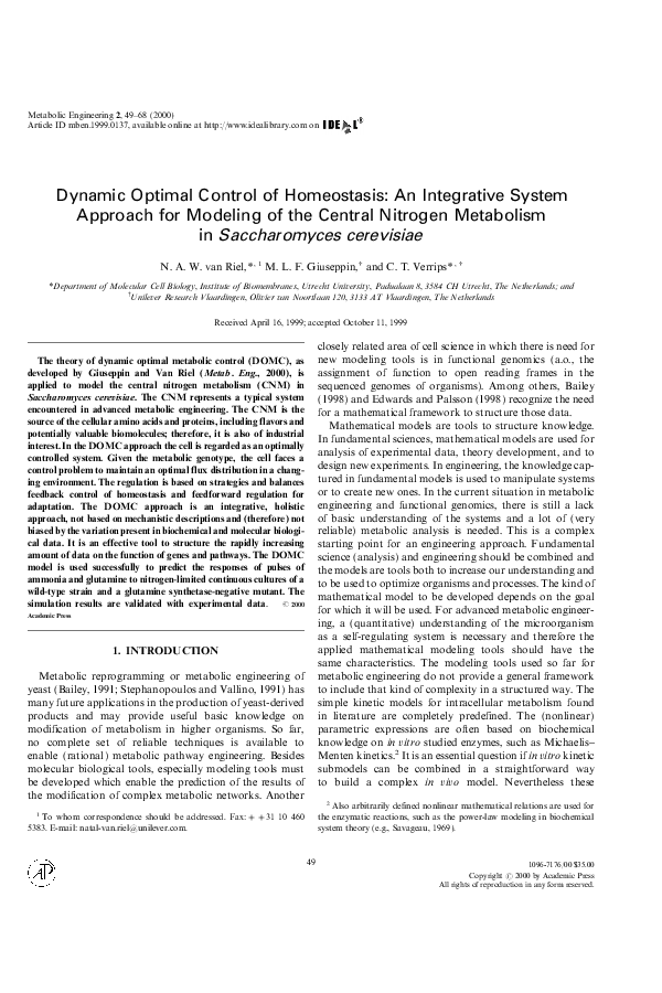 (PDF) Dynamic Optimal Control of Homeostasis: An Integrative System ...