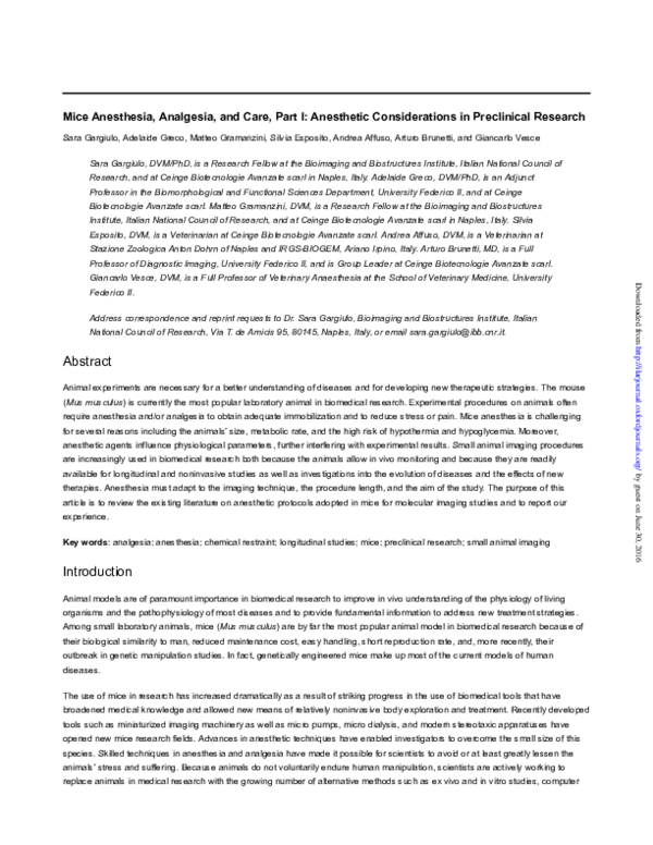 (PDF) Mice anesthesia, analgesia, and care, Part I: anesthetic ...
