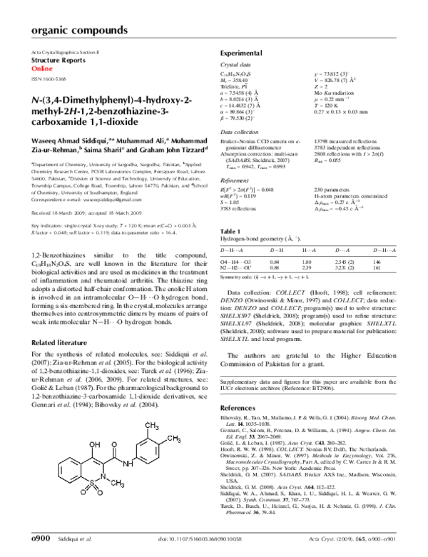 (PDF) N -(3,4-Dimethylphenyl)-4-hydroxy-2-methyl-2 H -1,2-benzothiazine ...