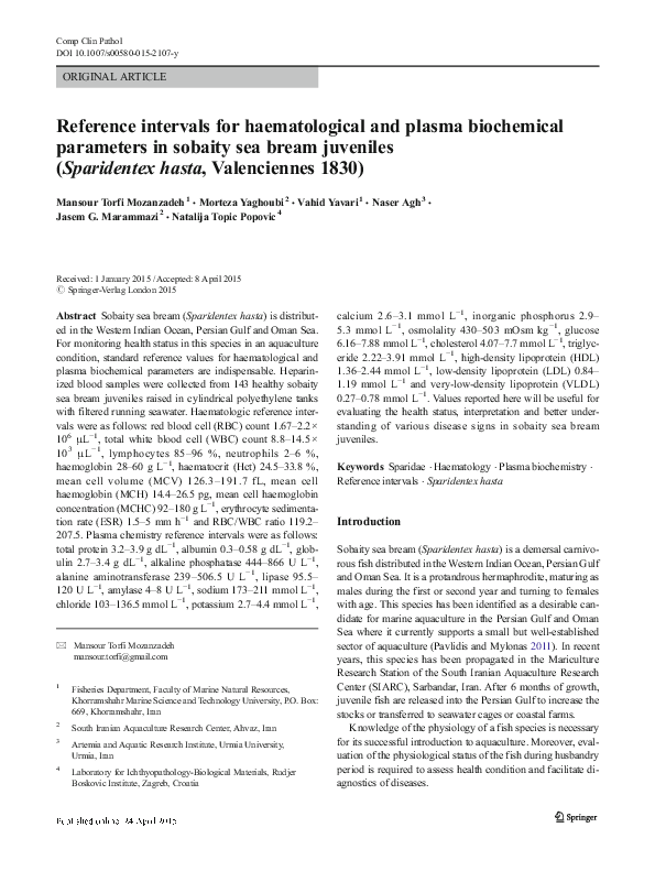 (PDF) Reference intervals for haematological and plasma biochemical ...
