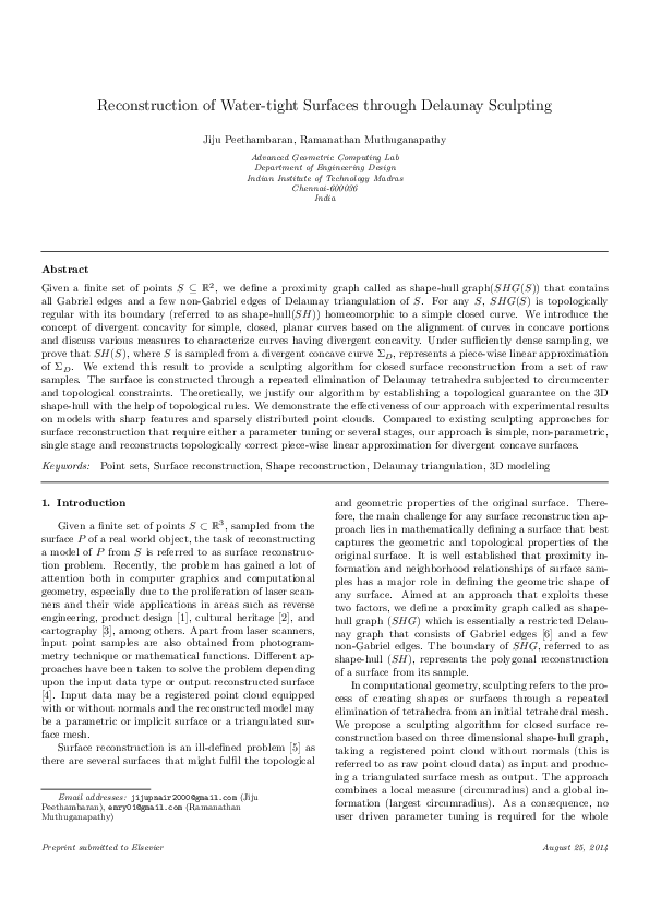 (PDF) Reconstruction of water-tight surfaces through Delaunay sculpting