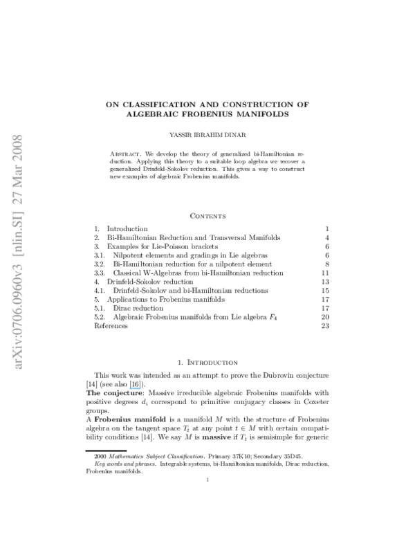 (PDF) On classification and construction of algebraic Frobenius manifolds