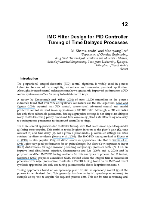 (PDF) IMC Filter Design for PID Controller Tuning of Time Delayed Processes