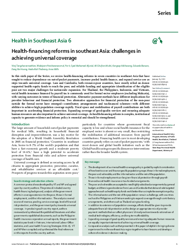 (PDF) Health-financing reforms in southeast Asia: challenges in ...