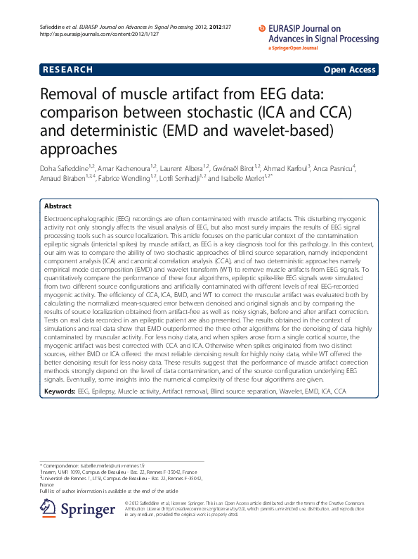 (PDF) Removal of muscle artifact from EEG data: comparison between stochastic (ICA and CCA) and ...