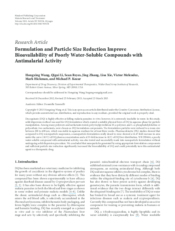 Pdf Formulation And Particle Size Reduction Improve Bioavailability Of Poorly Water Soluble