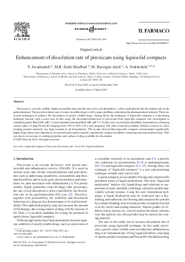 Pdf Enhancement Of Dissolution Rate Of Piroxicam Using Liquisolid
