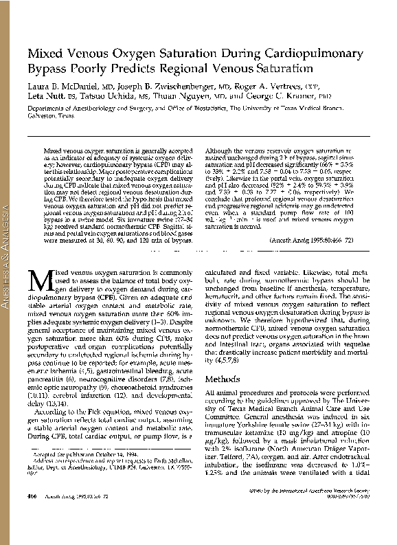 (PDF) Mixed Venous Oxygen Saturation During Cardiopulmonary Bypass ...