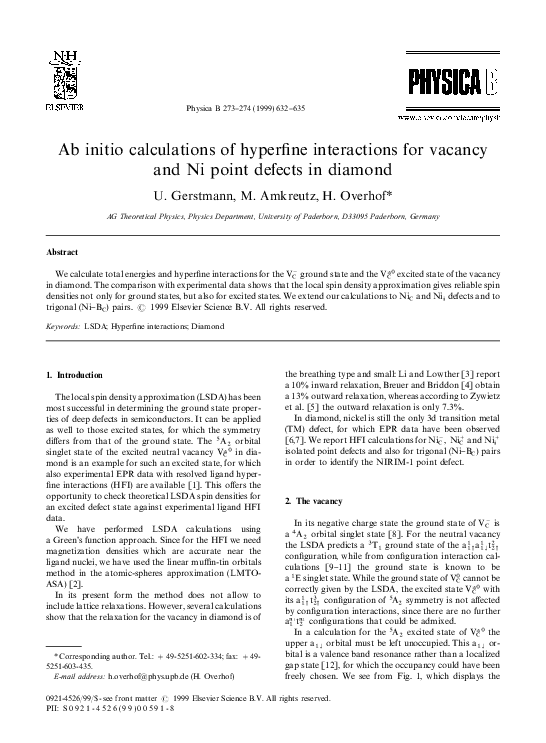 (PDF) Ab initio calculations of hyperfine interactions for vacancy and Ni point defects in diamond