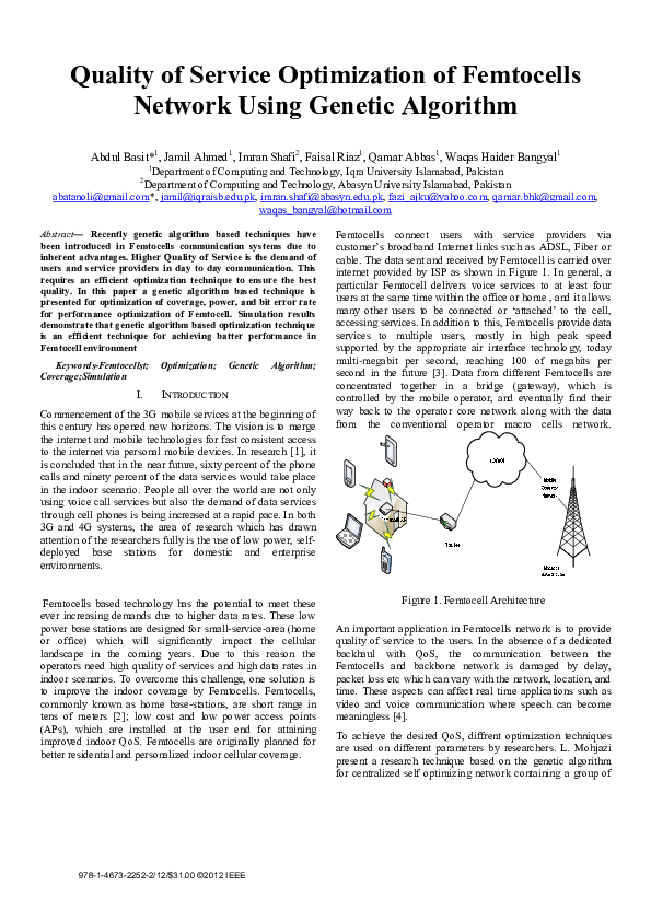 Pdf Quality Of Service Optimization Of Femtocells Network Using Genetic Algorithm