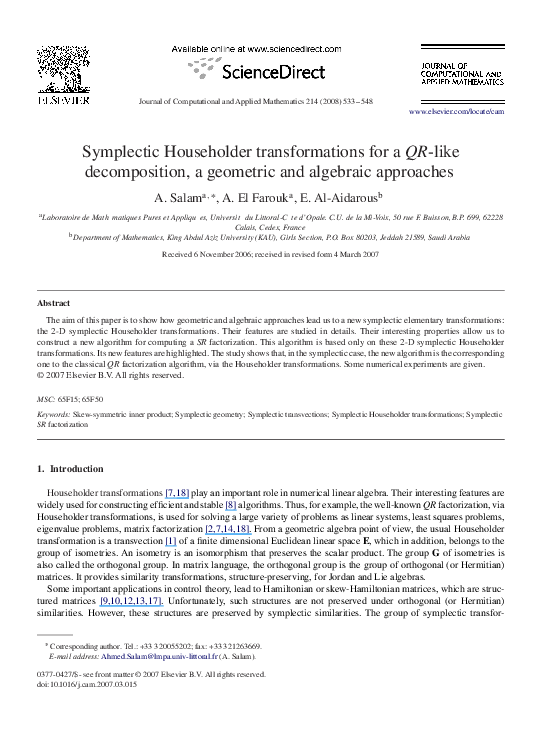 (PDF) Symplectic Householder transformations for a QR-like ...