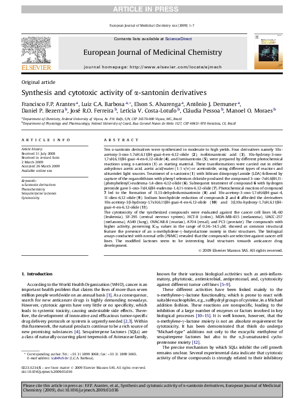 (PDF) Synthesis and cytotoxic activity of [alpha]-santonin derivatives