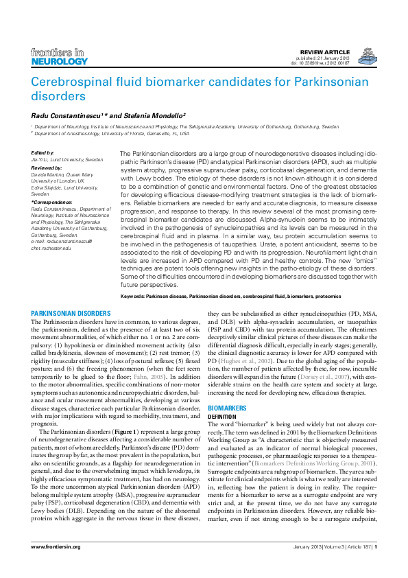 (PDF) Cerebrospinal Fluid Biomarker Candidates for Parkinsonian Disorders