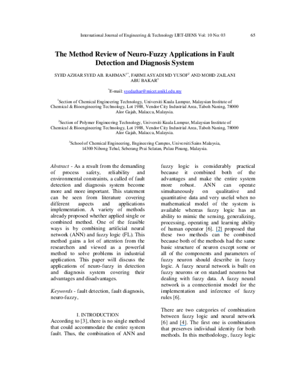 Pdf The Method Review Of Neuro Fuzzy Applications In Fault Detection And Diagnosis System