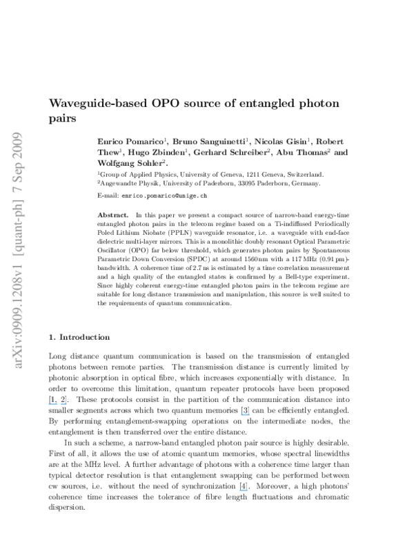 (PDF) Waveguide-based OPO source of entangled photon pairs