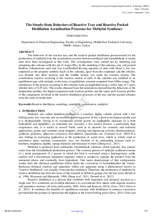 Pdf Modelling Simulation And Optimization Of A Reactive Distillation Process Using Minitab