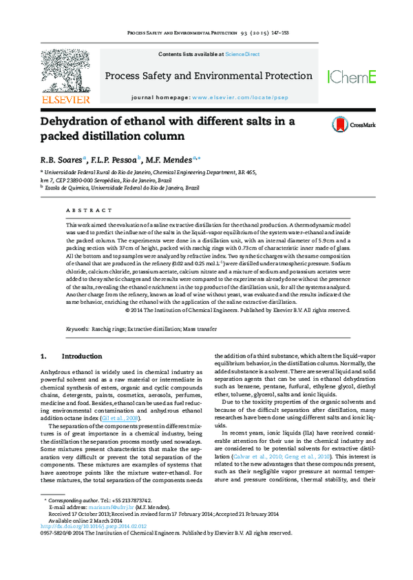 Pdf Dehydration Of Ethanol With Different Salts In A Packed