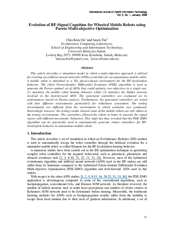 (PDF) Evolution of RF-Signal Cognition for Wheeled Mobile Robots using Pareto Multi-objective ...