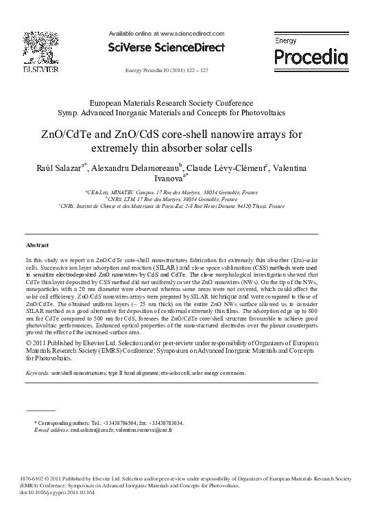 (PDF) ZnO/CdTe and ZnO/CdS core-shell nanowire arrays for extremely thin absorber solar cells