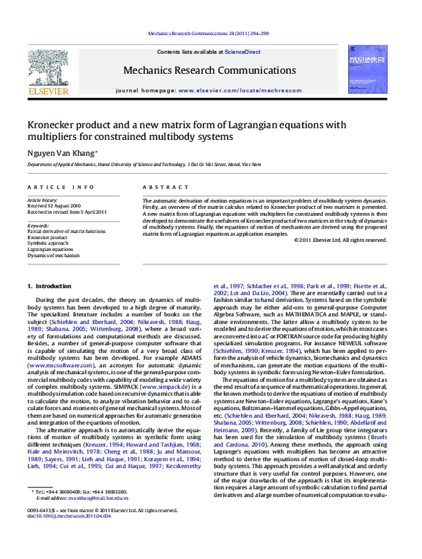 Pdf Kronecker Product And A New Matrix Form Of Lagrangian Equations