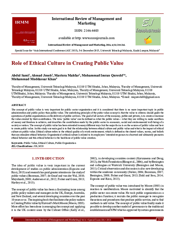 (PDF) Role of Ethical Culture in Creating Public Value