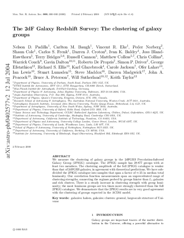 (PDF) The 2dF Galaxy Redshift Survey: the clustering of galaxy groups