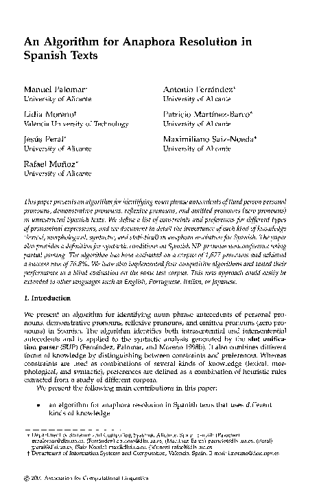 Pdf An Algorithm For Anaphora Resolution In Spanish Texts
