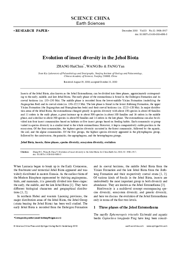 (PDF) Evolution of insect diversity in the Jehol Biota