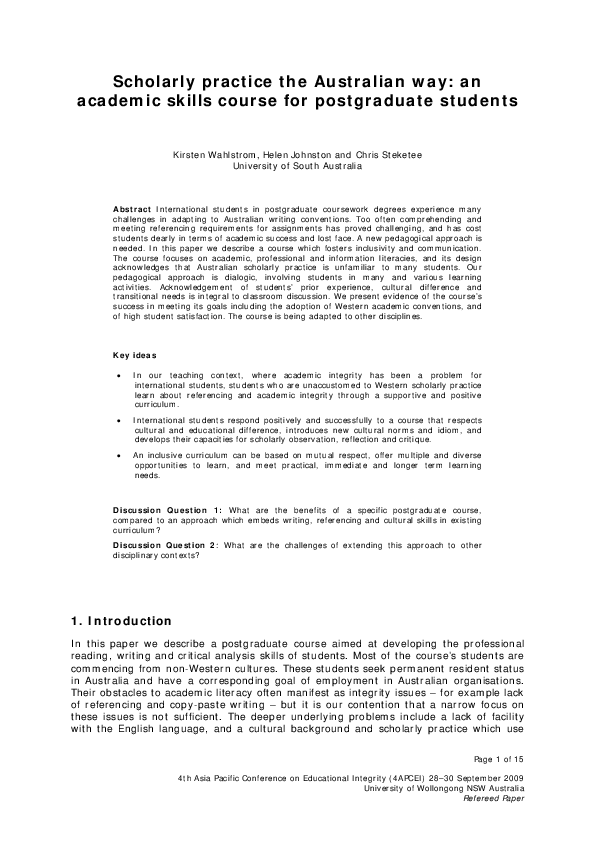 (PDF) Scholarly practice the Australian way: an academic skills course ...