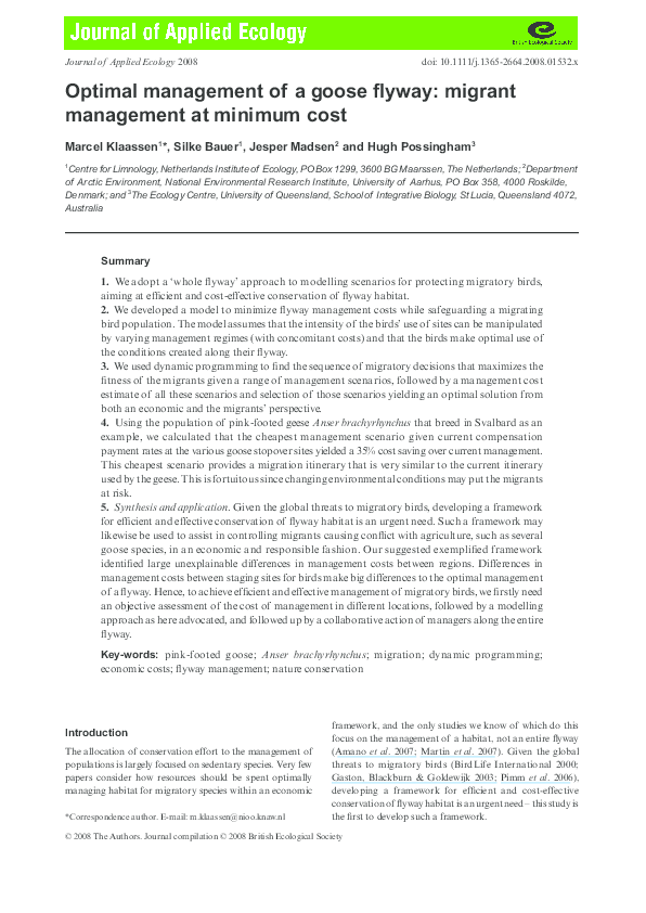 (PDF) Optimal management of a goose flyway: migrant management at ...