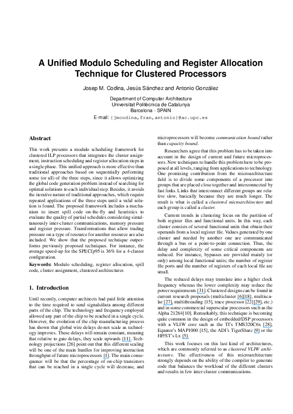 Pdf A Unified Modulo Scheduling And Register Allocation Technique For Clustered Processors