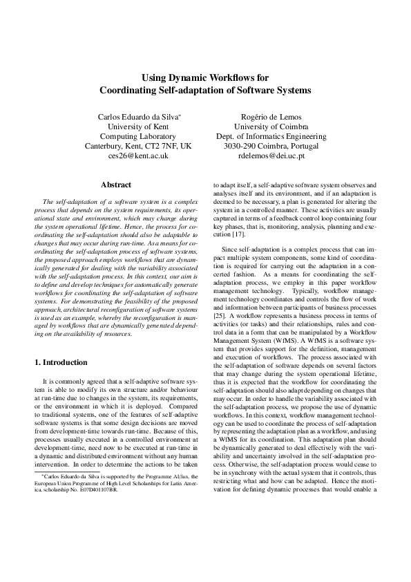 (PDF) Using dynamic workflows for coordinating self-adaptation of software systems