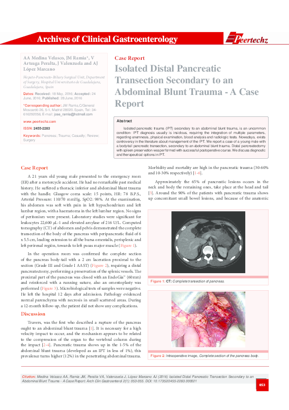 (PDF) Isolated Distal Pancreatic Transection Secondary to an Abdominal ...