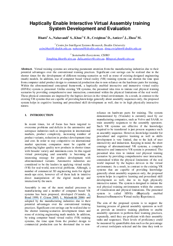 Pdf Haptically Enable Interactive Virtual Assembly Training System Development And Evaluation