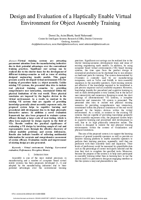 (PDF) Design and evaluation of a haptically enable virtual environment for object assembly training
