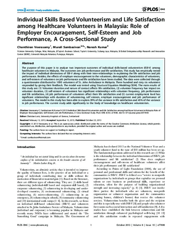 (PDF) Individual Skills Based Volunteerism and Life Satisfaction among ...