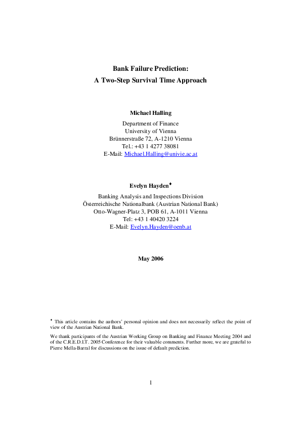 (PDF) Bank Failure Prediction: A Two-Step Survival Time Approach