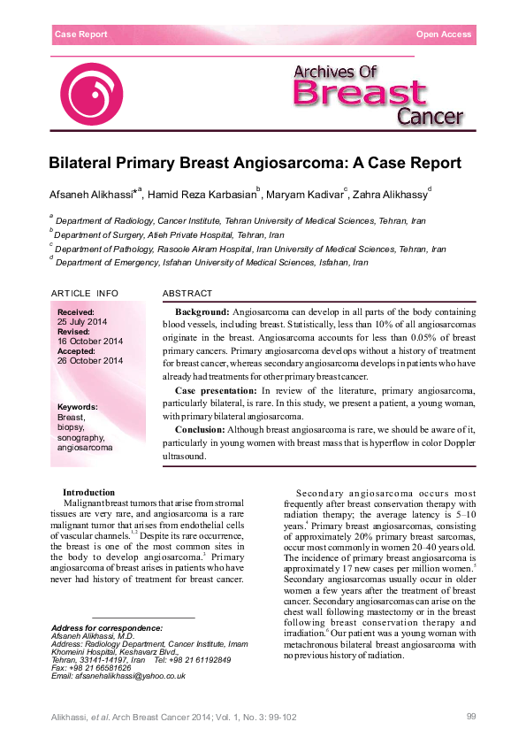 (PDF) Primary angiosarcoma of the breast: a case report and review of the literature | Apichai ...