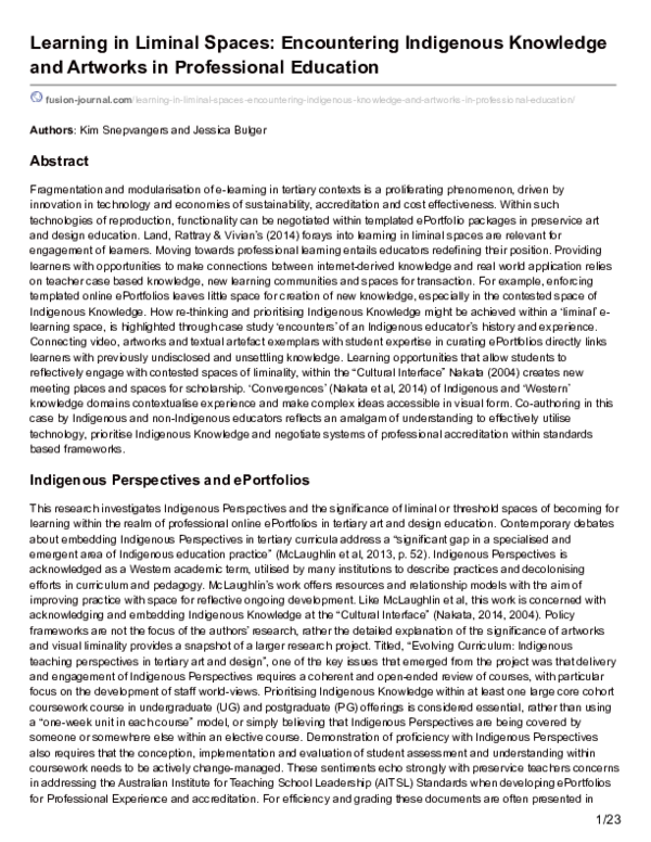 (PDF) Learning in Liminal Spaces: Encountering Indigenous Knowledge and ...