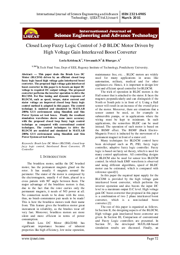 Pdf Closed Loop Fuzzy Logic Control Of 3 ∅ Bldc Motor Driven By High