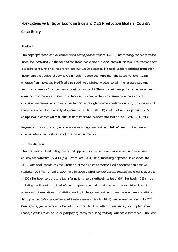 (PDF) Non-Extensive Entropy Econometrics and CES Production Models: Country Case Study
