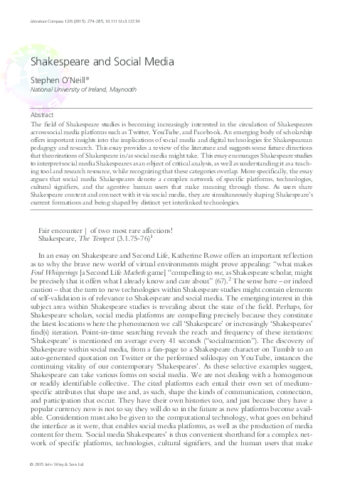 (PDF) "Shakespeare and Social Media", Literature Compass 12. 6 (2015 ...
