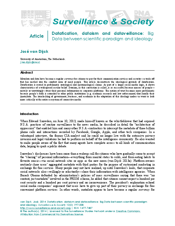 (PDF) Datafication, dataism and dataveillance: Big Data between scientific paradigm and ideology
