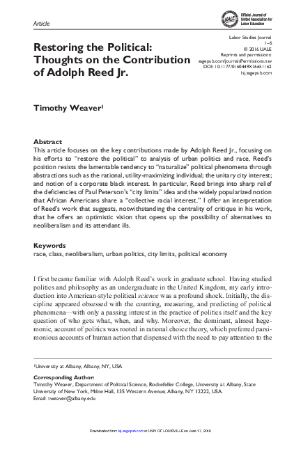 (PDF) Restoring the Political: Thoughts on the Contribution of Adolph ...