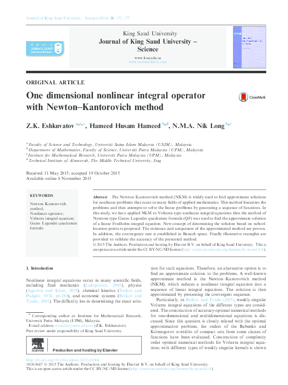 (PDF) One dimensional nonlinear integral operator with Newton–Kantorovich method