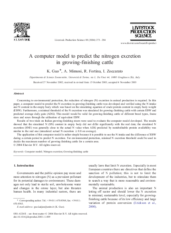 (PDF) A computer model to predict the nitrogen excretion in growing ...