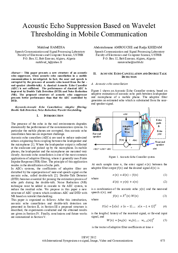 (PDF) Acoustic Echo Suppression Based on Wavelet Thresholding in Mobile Communication | Mahfoud ...