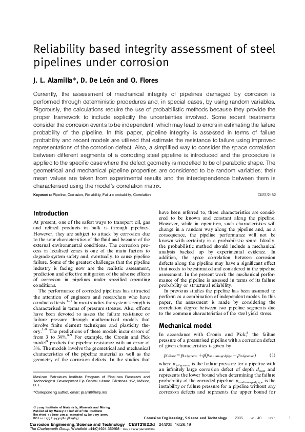 (PDF) Reliability based integrity assessment of steel pipelines under ...